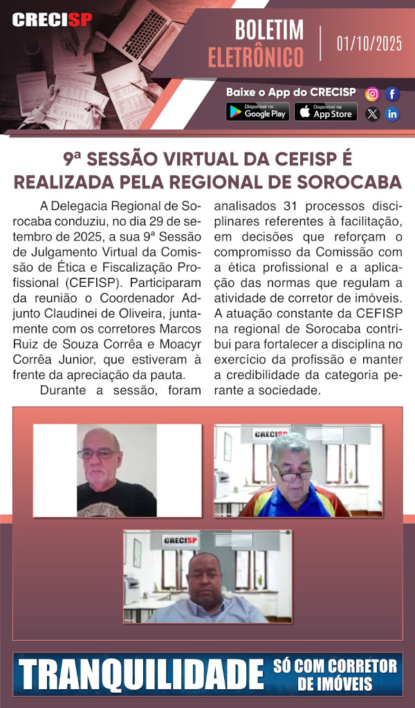 9ª sessão virtual de CEFISP é realizada pela regional de Sorocaba - CRECISP